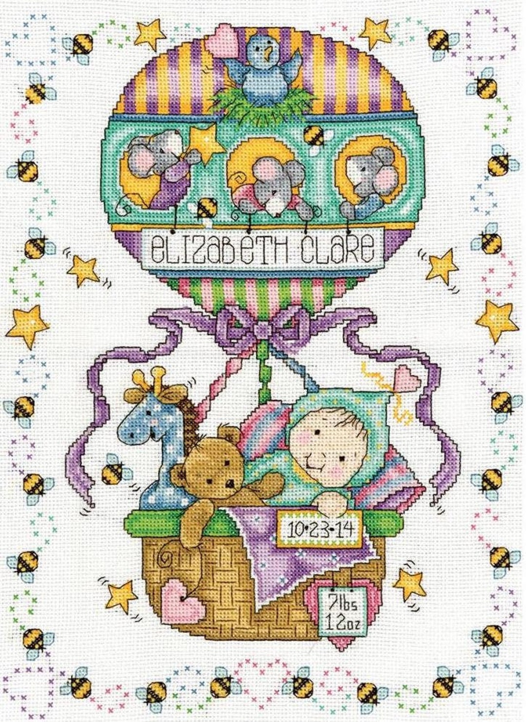 DIY Tobin Ballon Ride Baby Birth Record Gift Counted Cross Stitch Kit ...