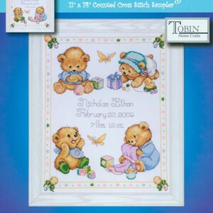 DIY Tobin Baby Bear Teddy Child Birth Record Gift Counted Cross Stitch ...