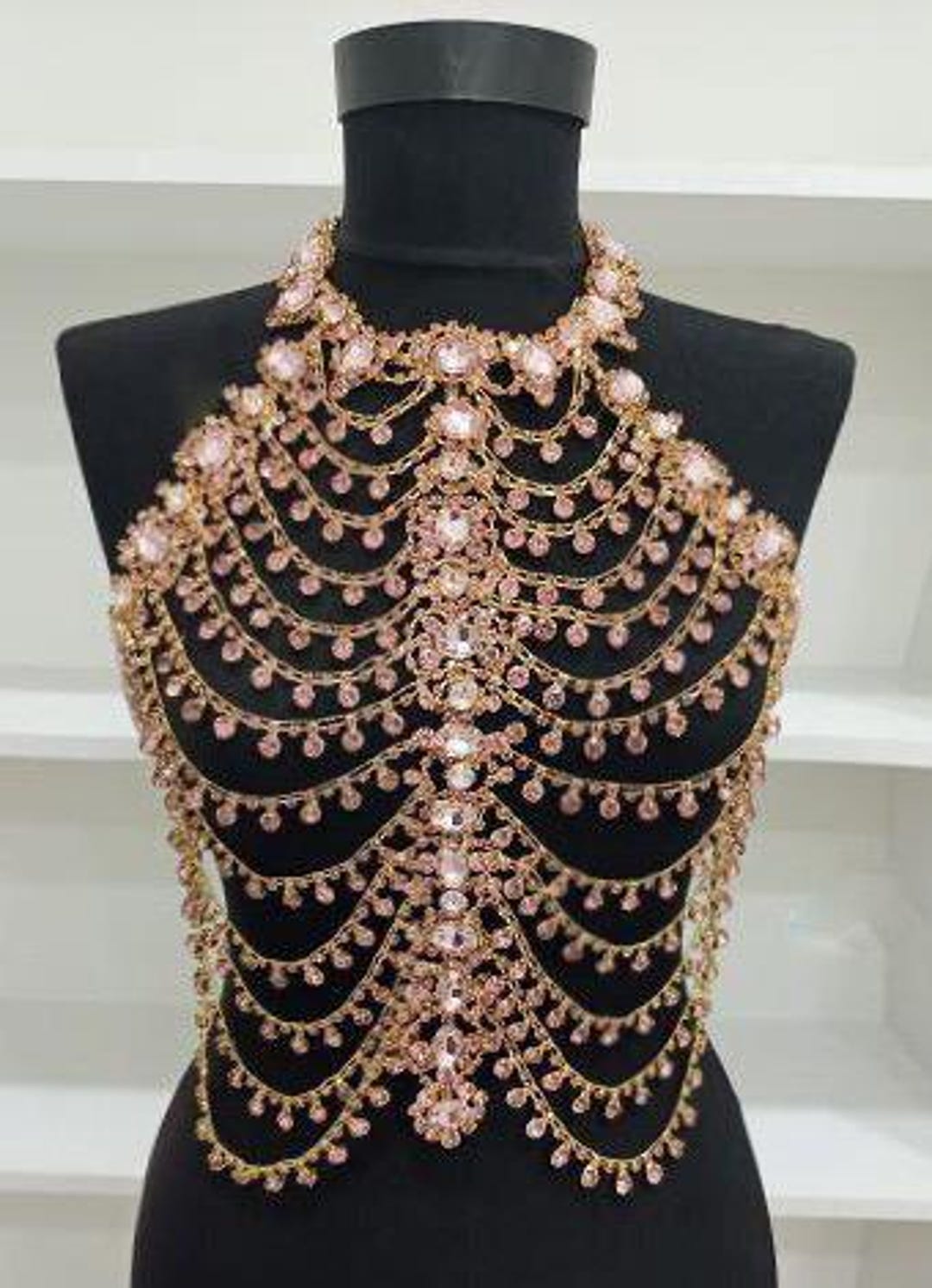 Gold Pink Crystal Body Chain, Sexy Body Jewelry, Shoulder Jewelry, Body ...