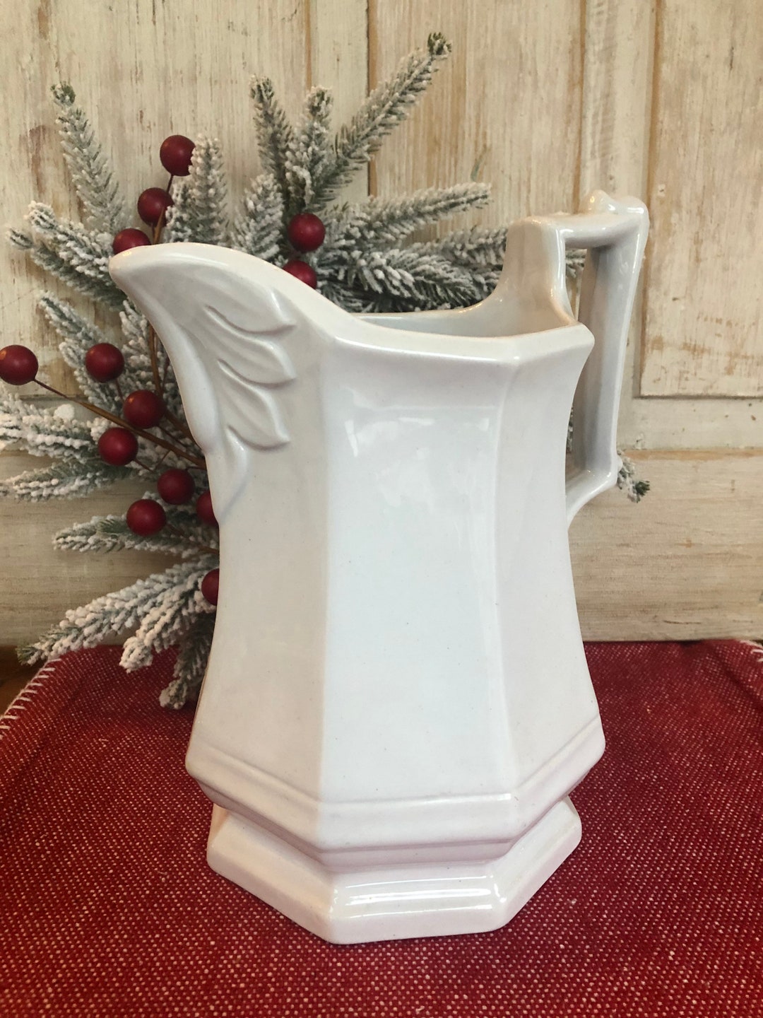 Antique White Ironstone Table PITCHER, Early Gothic Octagon Shape White ...