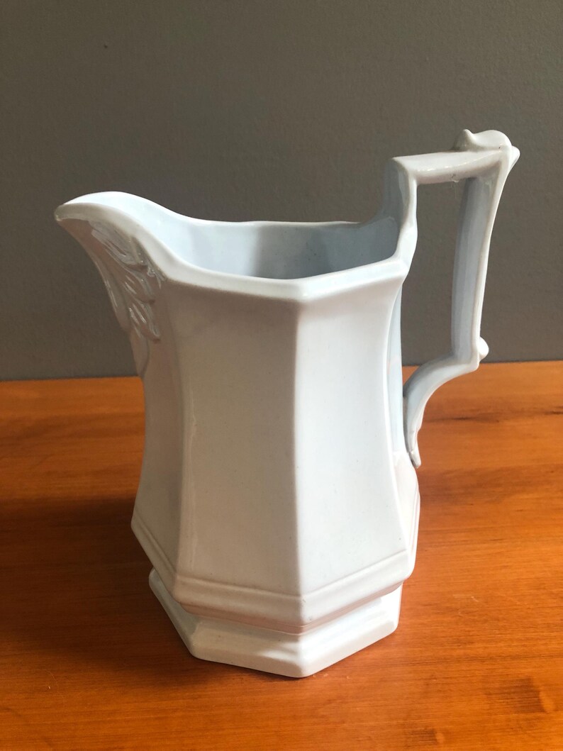 Antique White Ironstone Table PITCHER, Early Gothic Octagon Shape, T ...