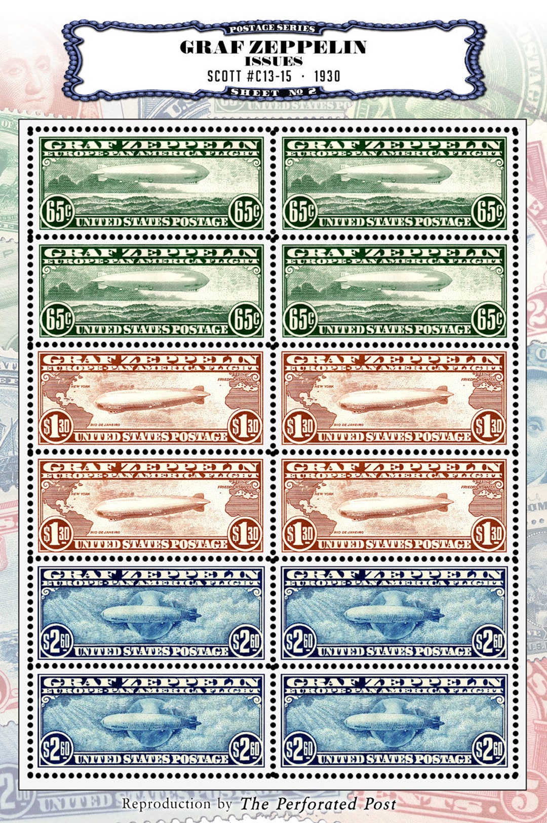 Beautiful Reproduction of 1930 US Airmail Stamps - Graf Zeppelin Issues ...