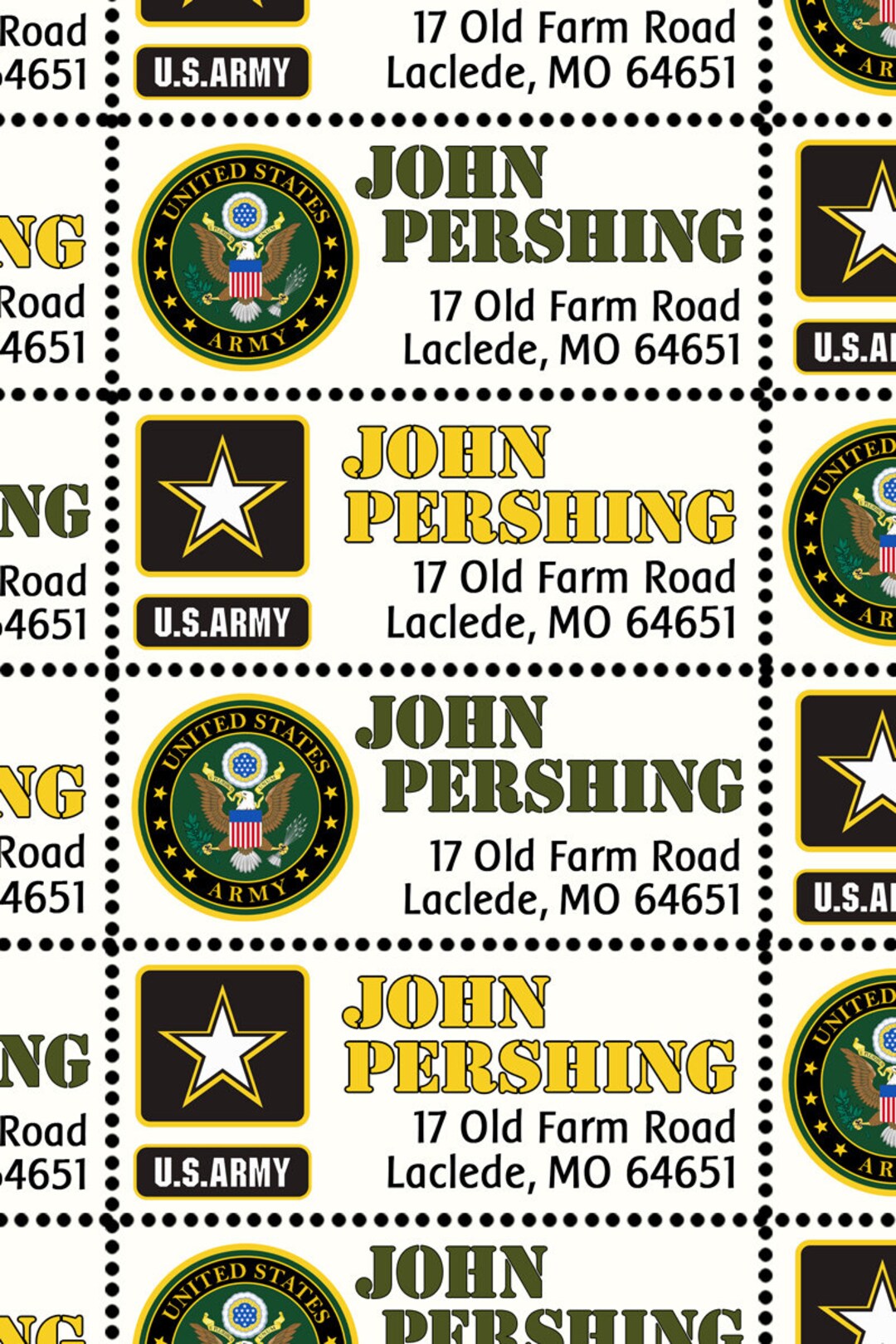 Custom Return Address Labels - US ARMY - Gummed and Perforated Like ...