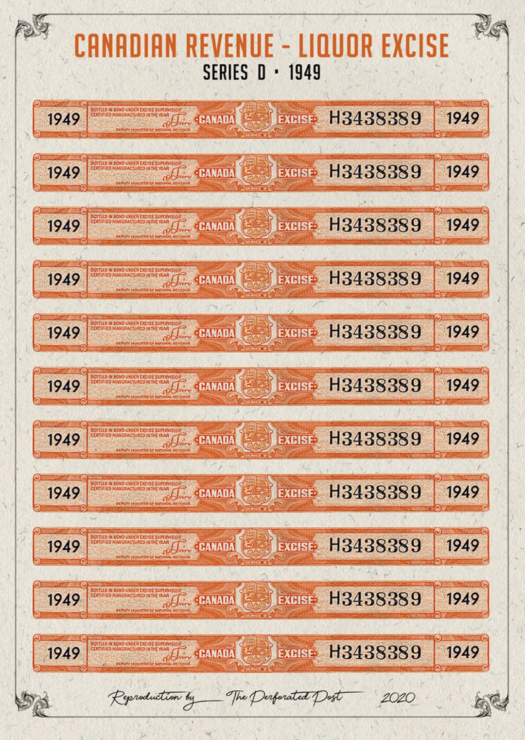 Beautiful Reproduction of a 1949 Canadian Liquor Excise Revenue Stamp ...