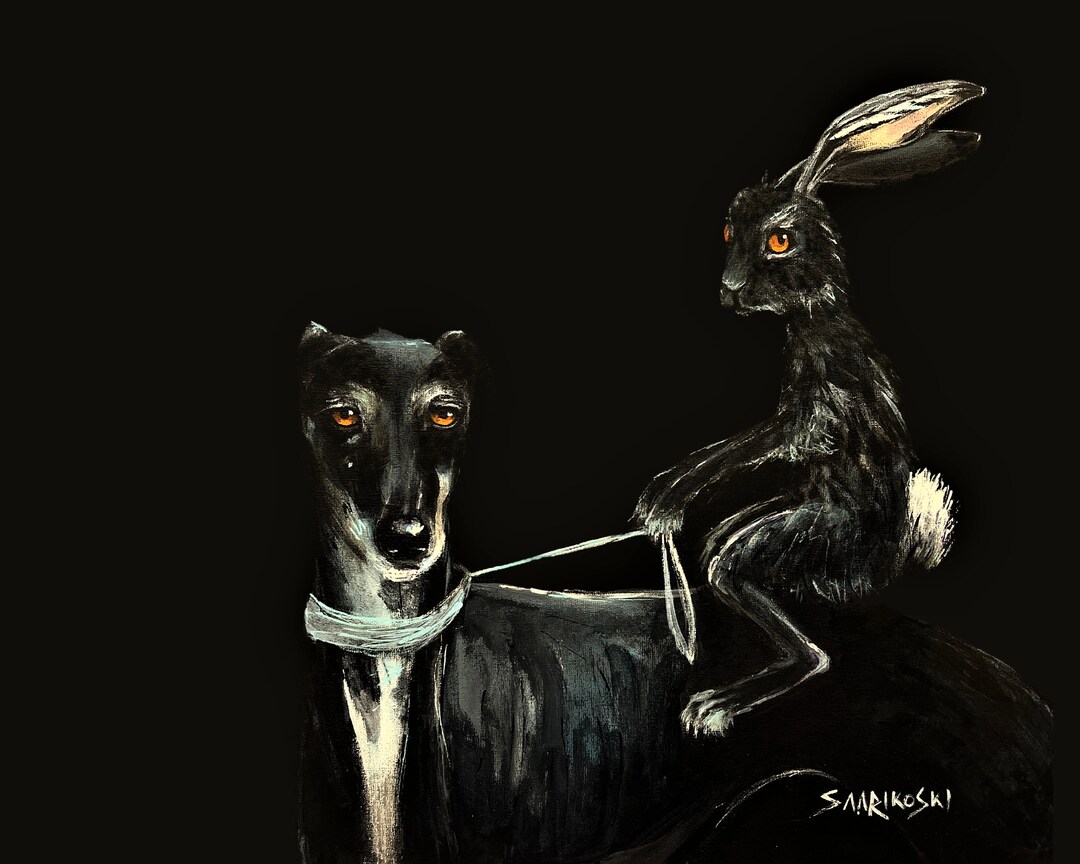 Black Greyhound and Hare Art Print, Gift for Him, Galgo Espanol Wall ...