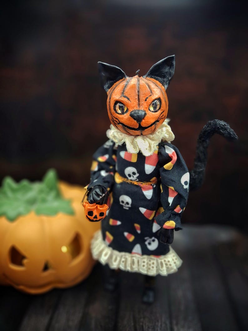 Pumpkin Cat Halloween Art Doll - Whimsical Fall Decor - Etsy