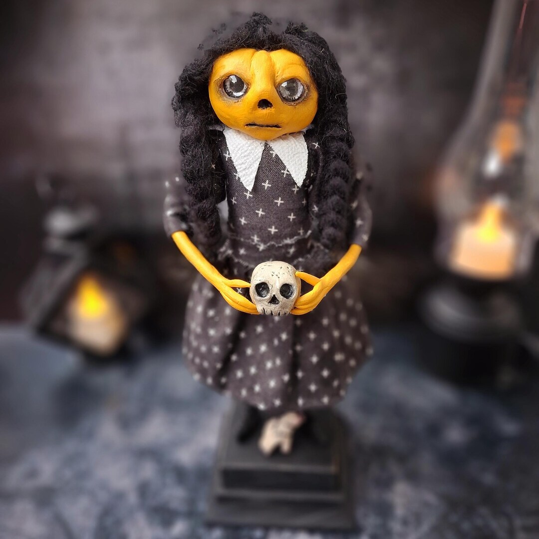 Gothic Wednesday Addams Pumpkin Head Doll Spooky Halloween Fall Decor ...