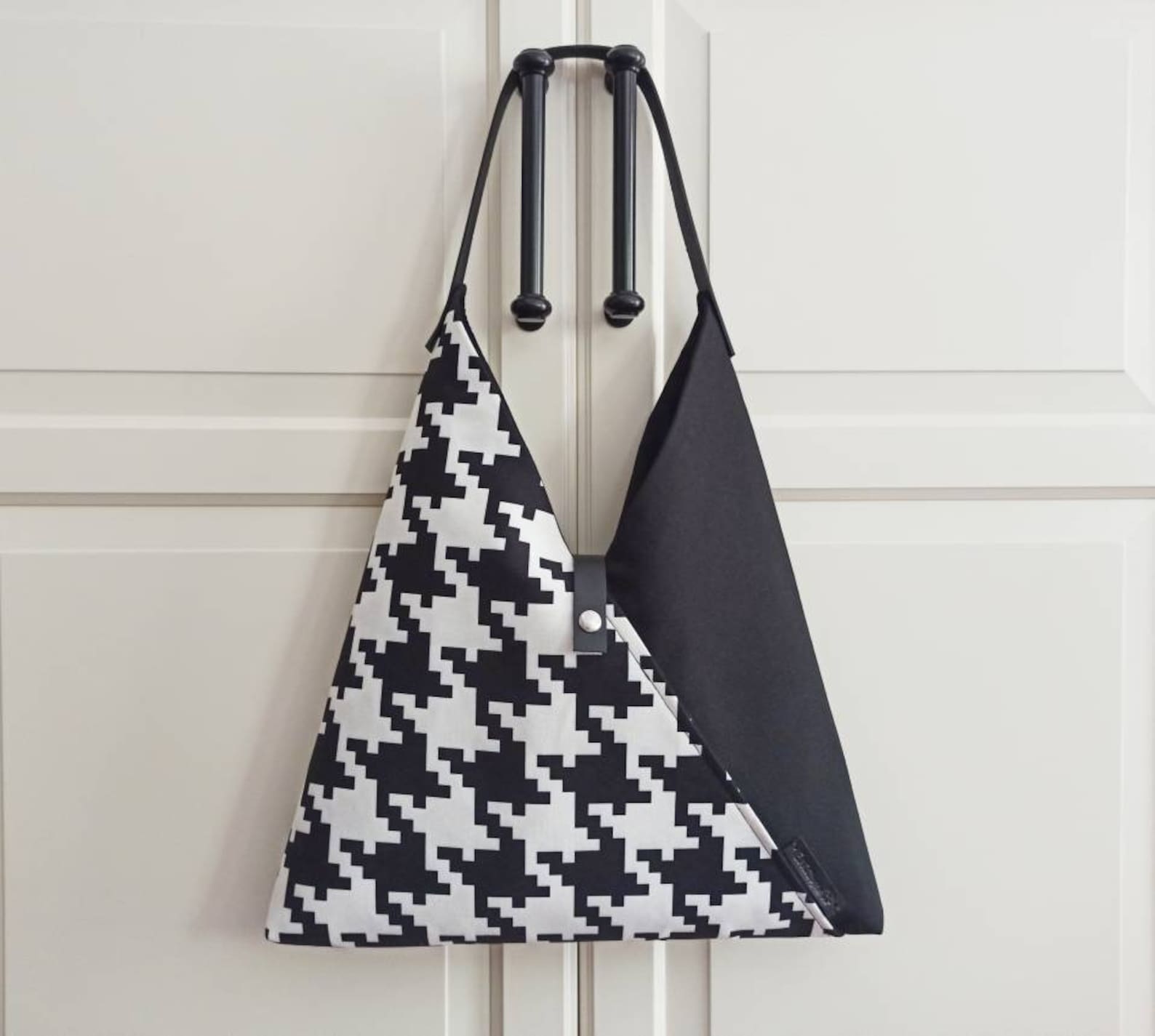 Black and White Japanese Bag, Houndstooth Black Hobo Bag, Casual Women ...