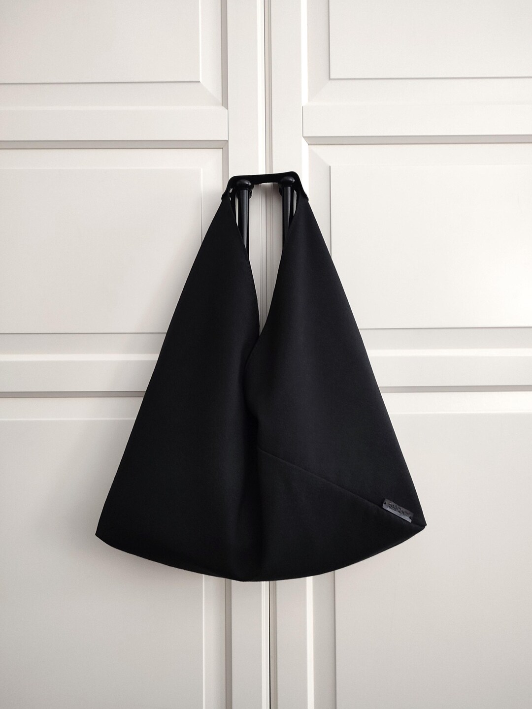 Black Triangle Shoulder Bag: Japanese Origami Hobo Bag With Leather ...
