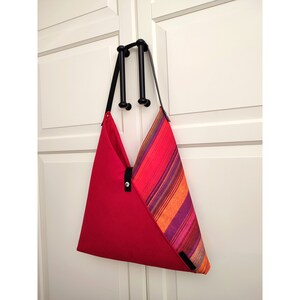 Handmade Japanese Azuma Hobo Bag: Red Striped Tote With Leather Handle ...