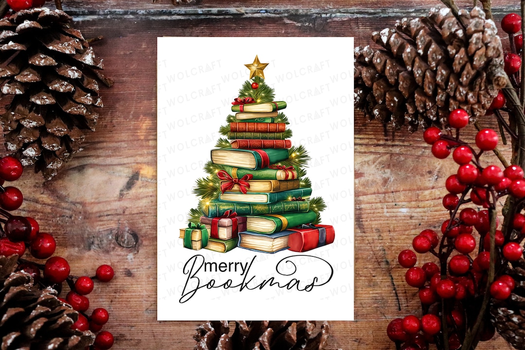 Bookworm Christmas Card Holiday Card for Readers Merry Bookmas ...