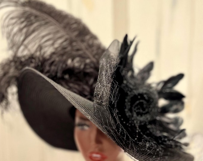 Black Gothic Derby Hat: Ostrich Feathers, Wide Brim Mini-veil Funeral ...