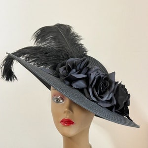 Black Gothic Mourning Funeral Hat Ostrich Feather, Black Victorian Tea ...