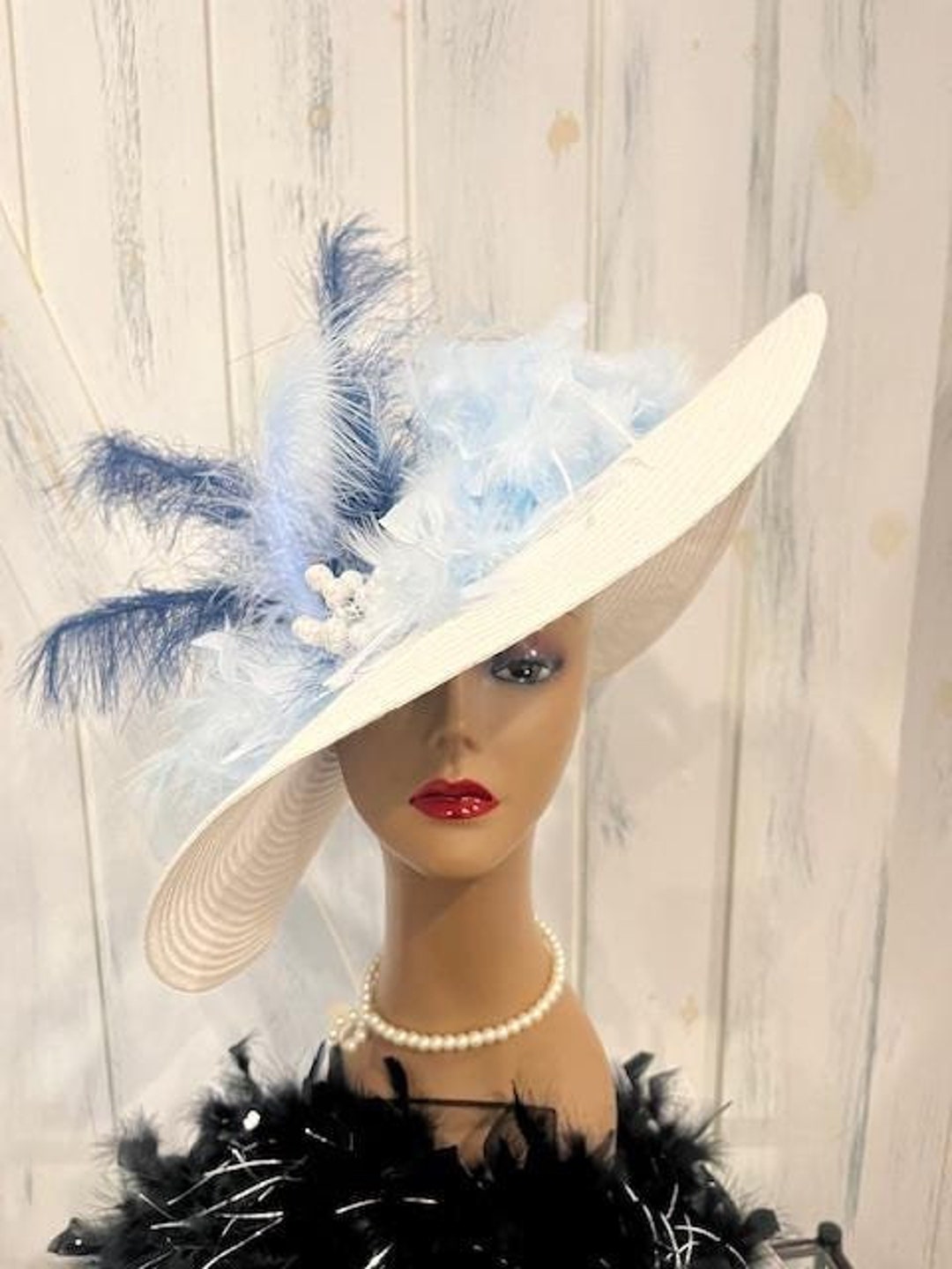 Big Light Dark Blue White Derby Church Hat Ostrich Feathers, Baby Blue ...