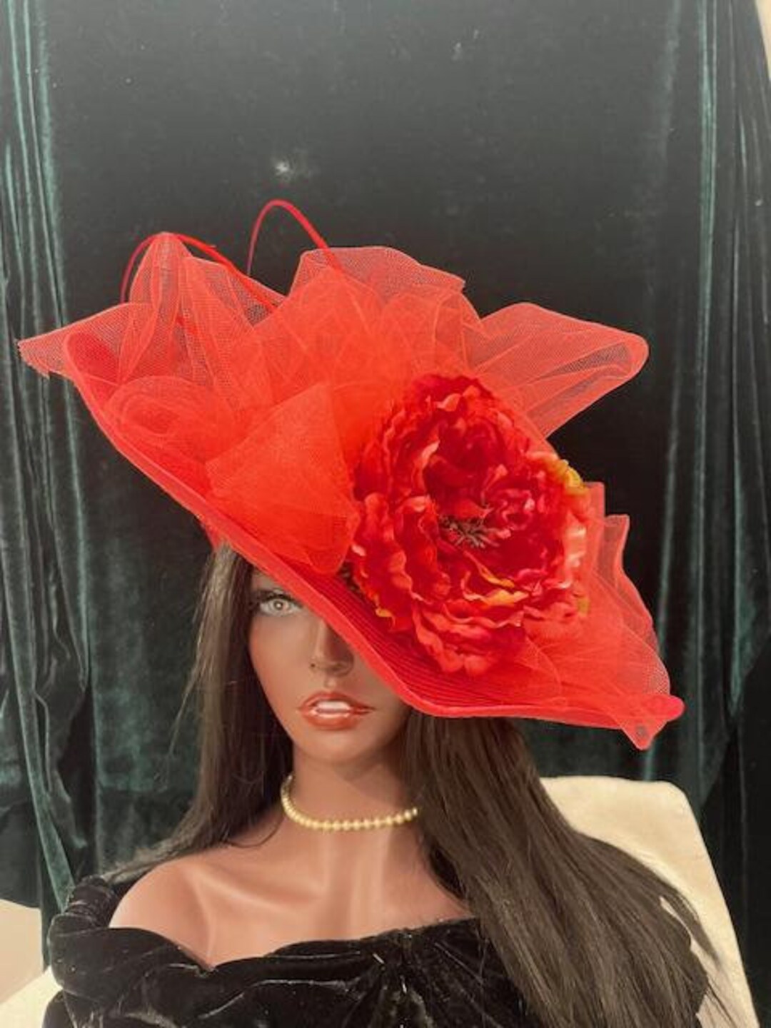 Big Red Fancy Floral Derby Church Hat, Formal Red Wide Brim Women's Hat ...