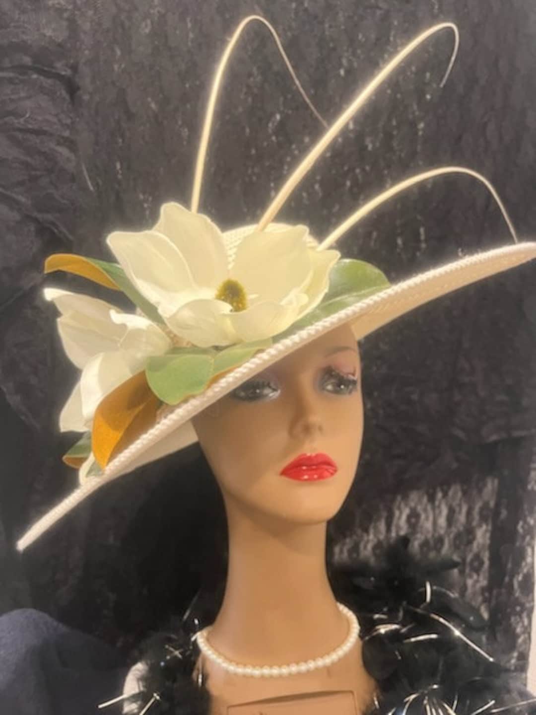 Ivory Kentucky Derby Hat, Wide Brim Hat Magnolia Flowers Quills, Fancy ...