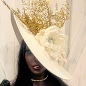 Women's Big Gold White Wide Brim Derby Church Hat, White Gold Jeweled ...