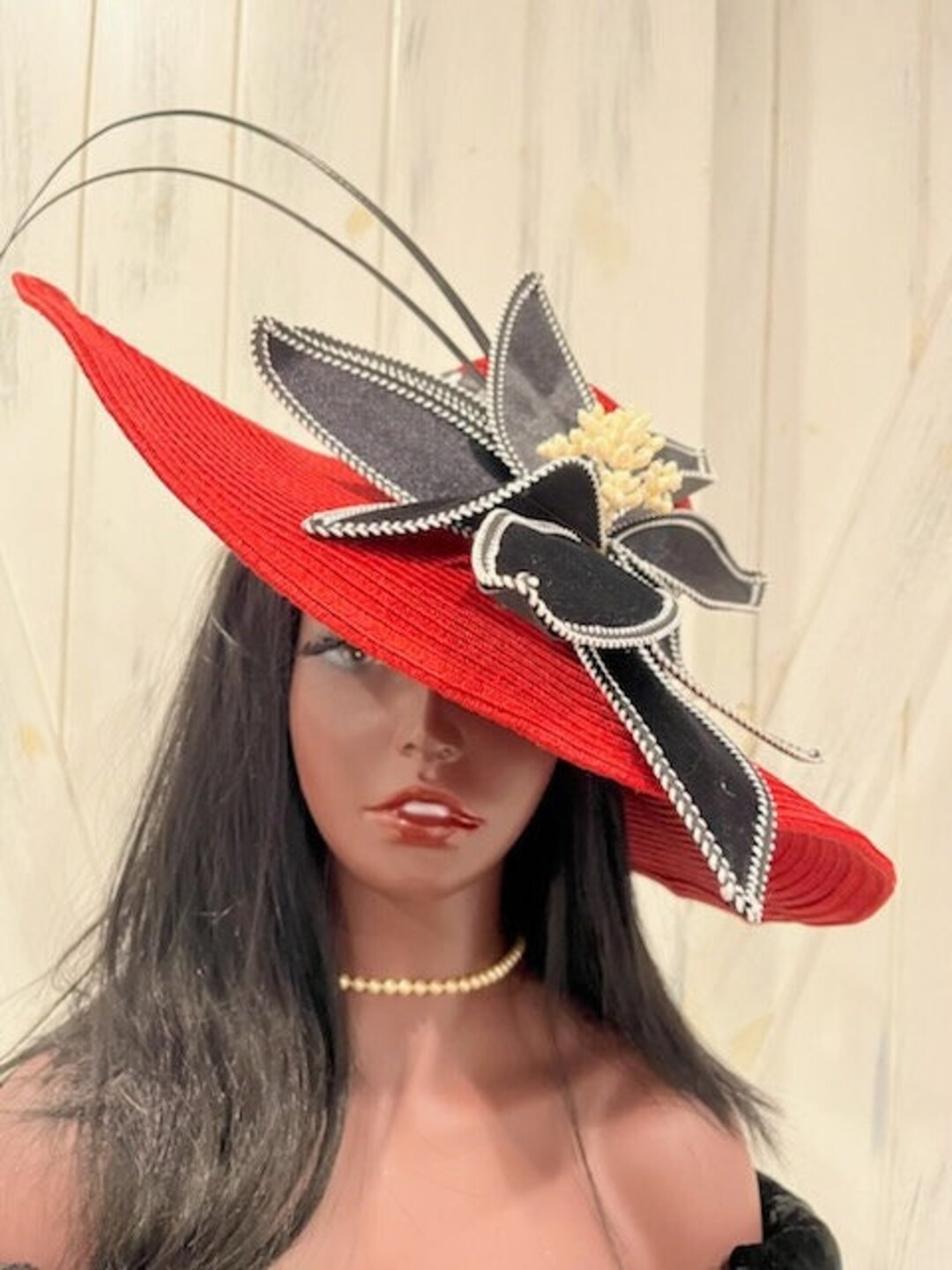 Wide Brim Kentucky Derby Hat Red White Black Quills, Fancy Church ...