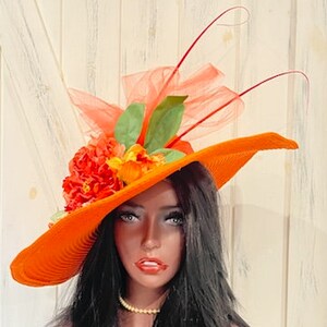 Orange Coral Peachy Pink Derby Hat With Quills, Orange Coral Peach Pink ...