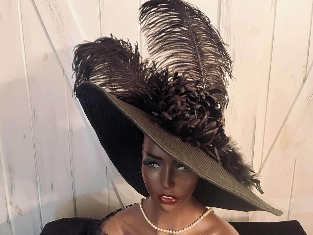 Black Victorian Derby Hat: Wide Brim, Gothic Ostrich Feather Plummage ...