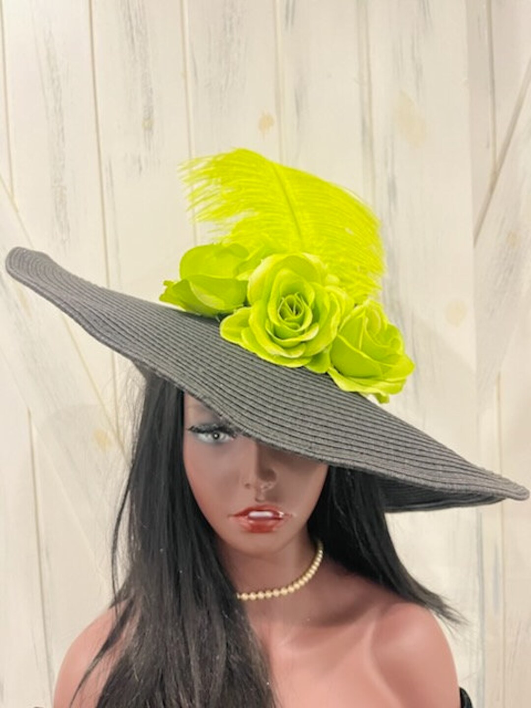 Big Black Wide Brim Kentucky Derby Hat Lime Roses Feathers, Edwardian ...