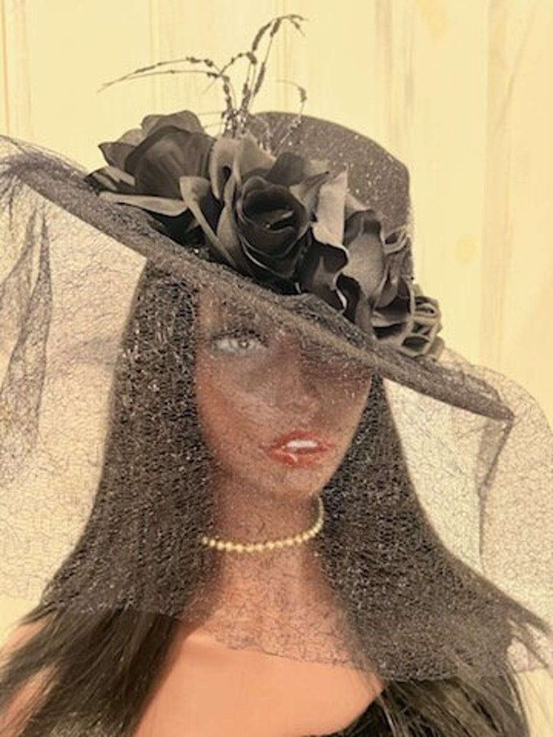 Black Veiled Victorian Funeral Hat Roses, Black Wide Brim Gothic ...