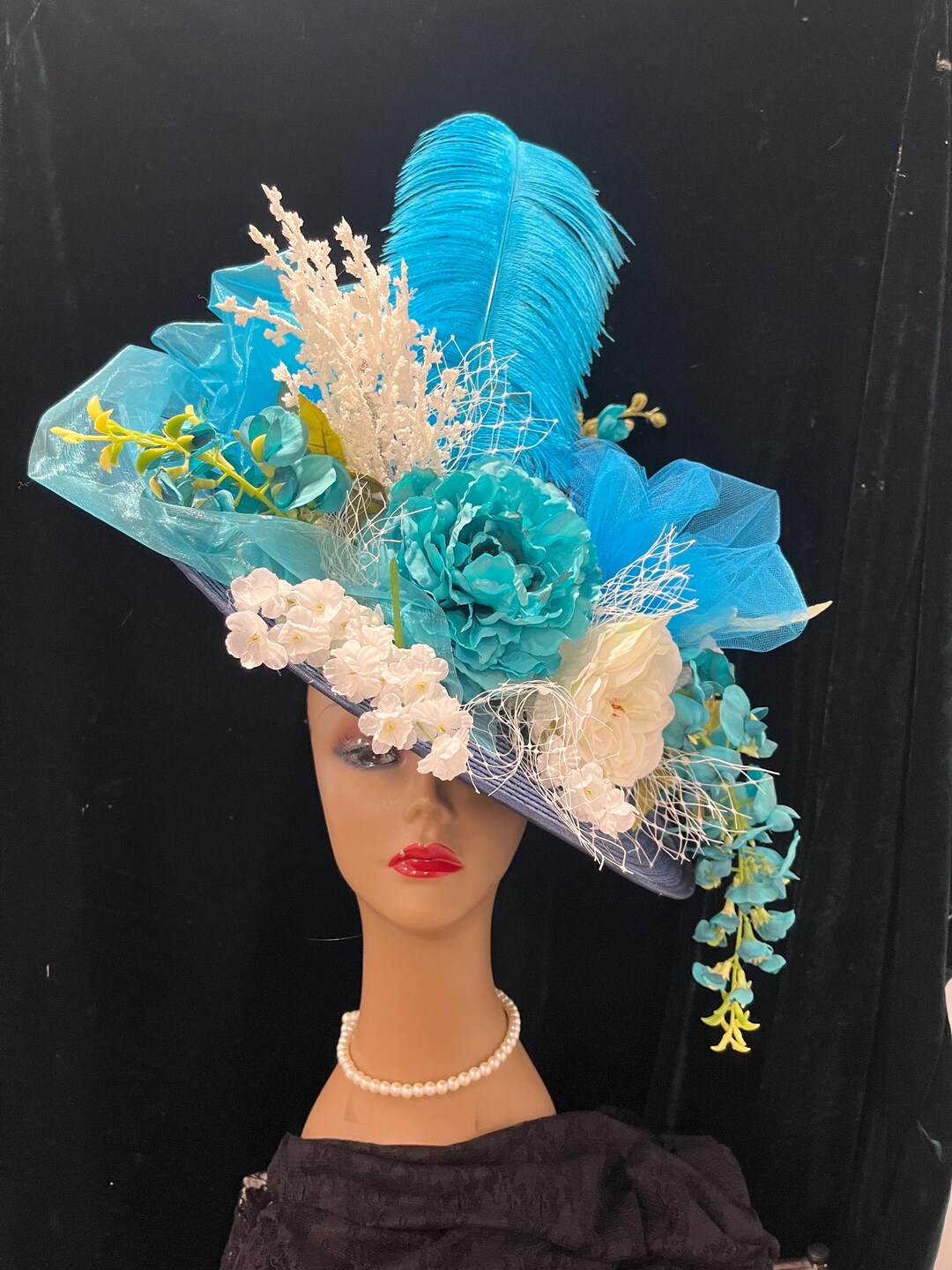 Big Oversize Navy Blue Derby Hat, Large White Wide Brim, Turquoise ...