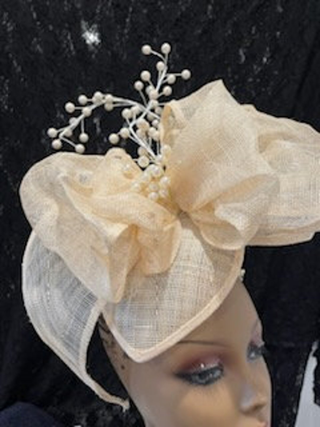 Ivory Beige Tan Sinamay Bridal Wedding Church Fascinator Hat Pearls Big ...