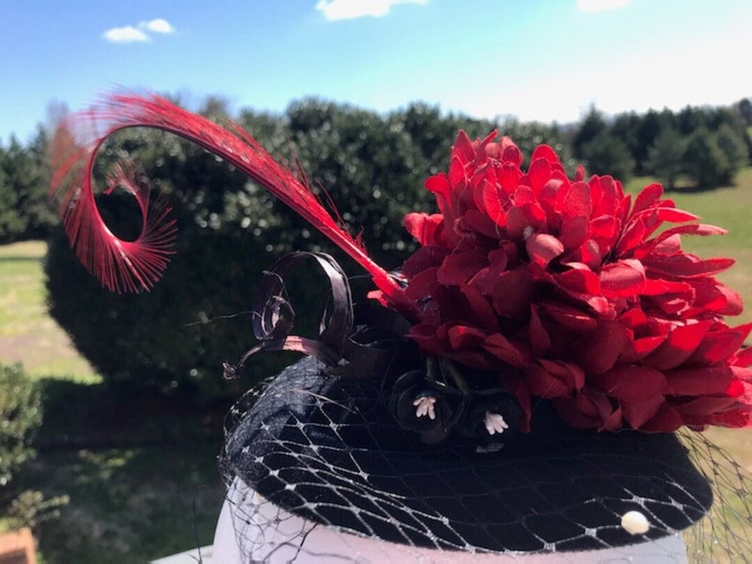 Veiled Black Red Fancy Church Fascinator, Mini Hat Fascinator With Veil ...