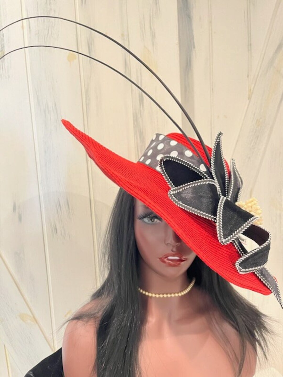 Big Red Black Kentucky Derby Hat, Red White Black Wide Brim Hat Quills ...