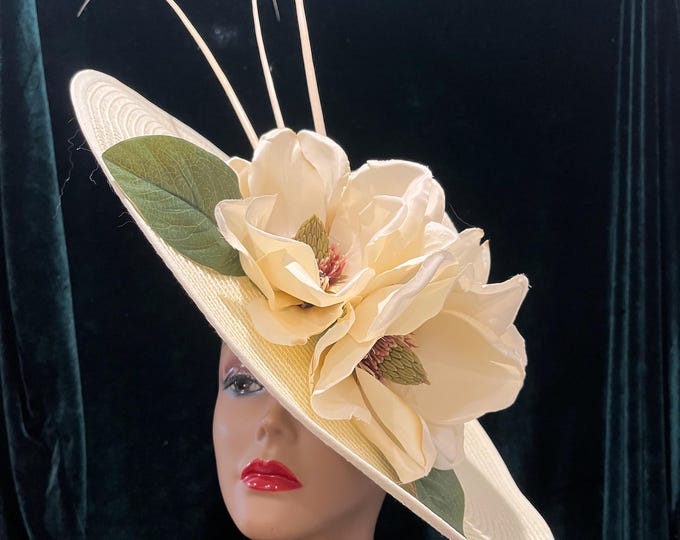 Creamy-ivory Floral Derby Hat: Big Wide Tilt Brim, Magnolia Flowers ...
