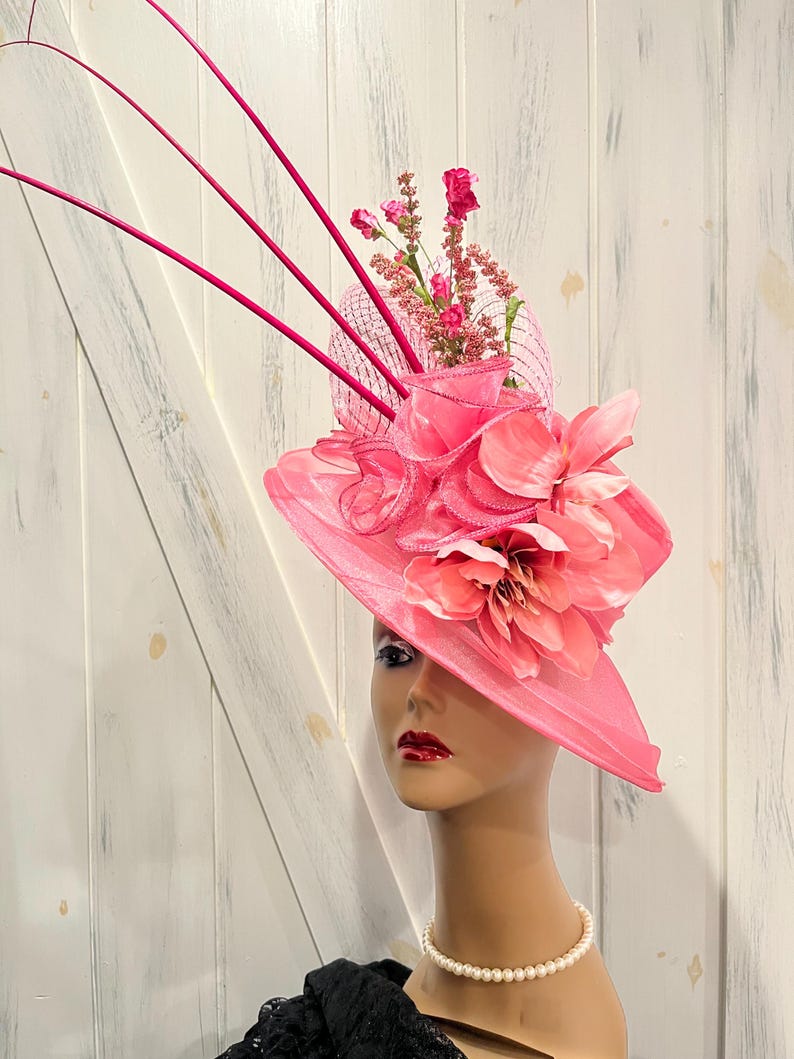 Rose Pink Church Hat: Ostrich Quills, Flowers, Small Brim - Etsy