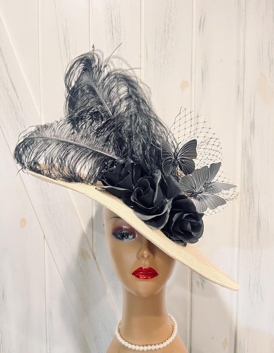 Black Tan Wide Brim Fancy Church Derby Hat Ostrich Feathers, Black ...