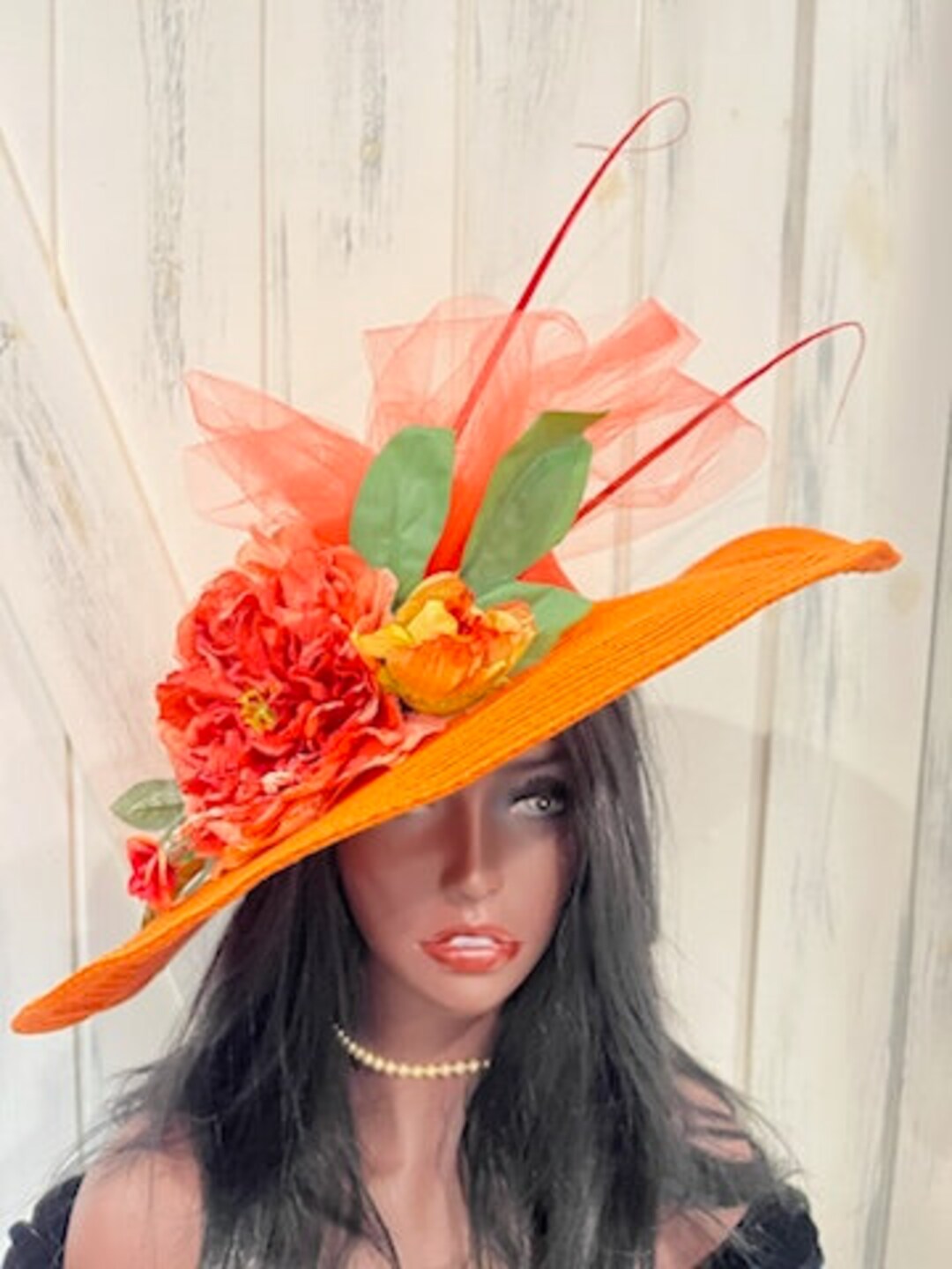 Orange Coral Peachy Pink Derby Hat With Quills, Orange Coral Peach Pink ...