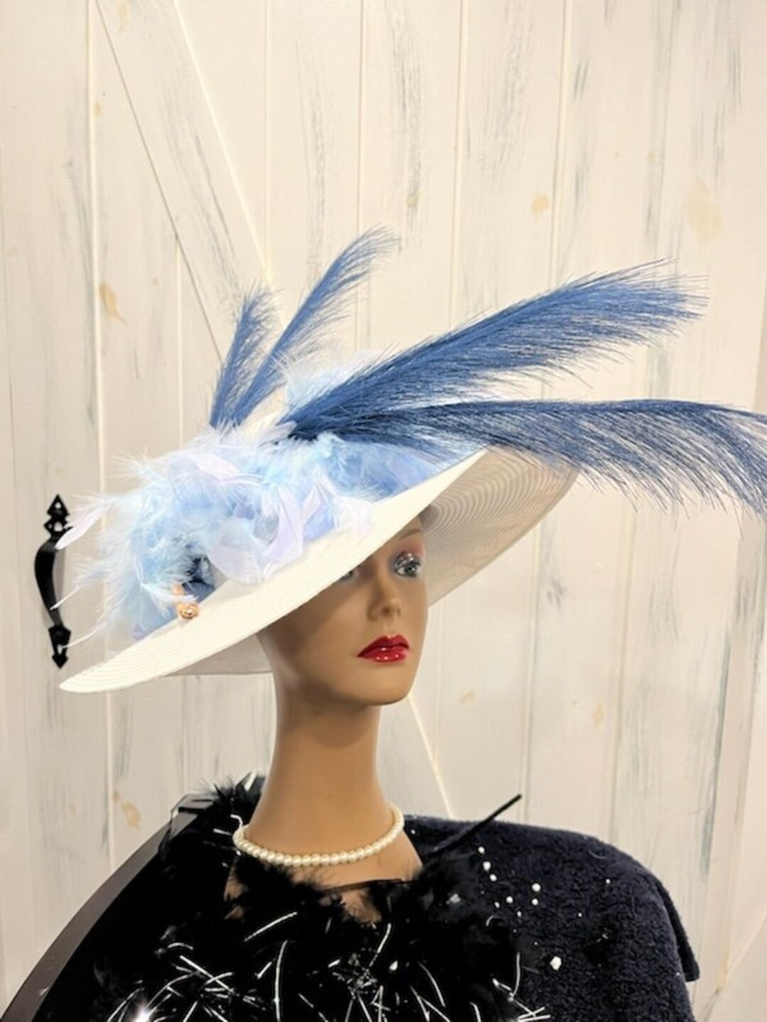 Big Light Blue White Derby Hat Ostrich Feathers, Light Blue Tea Party ...