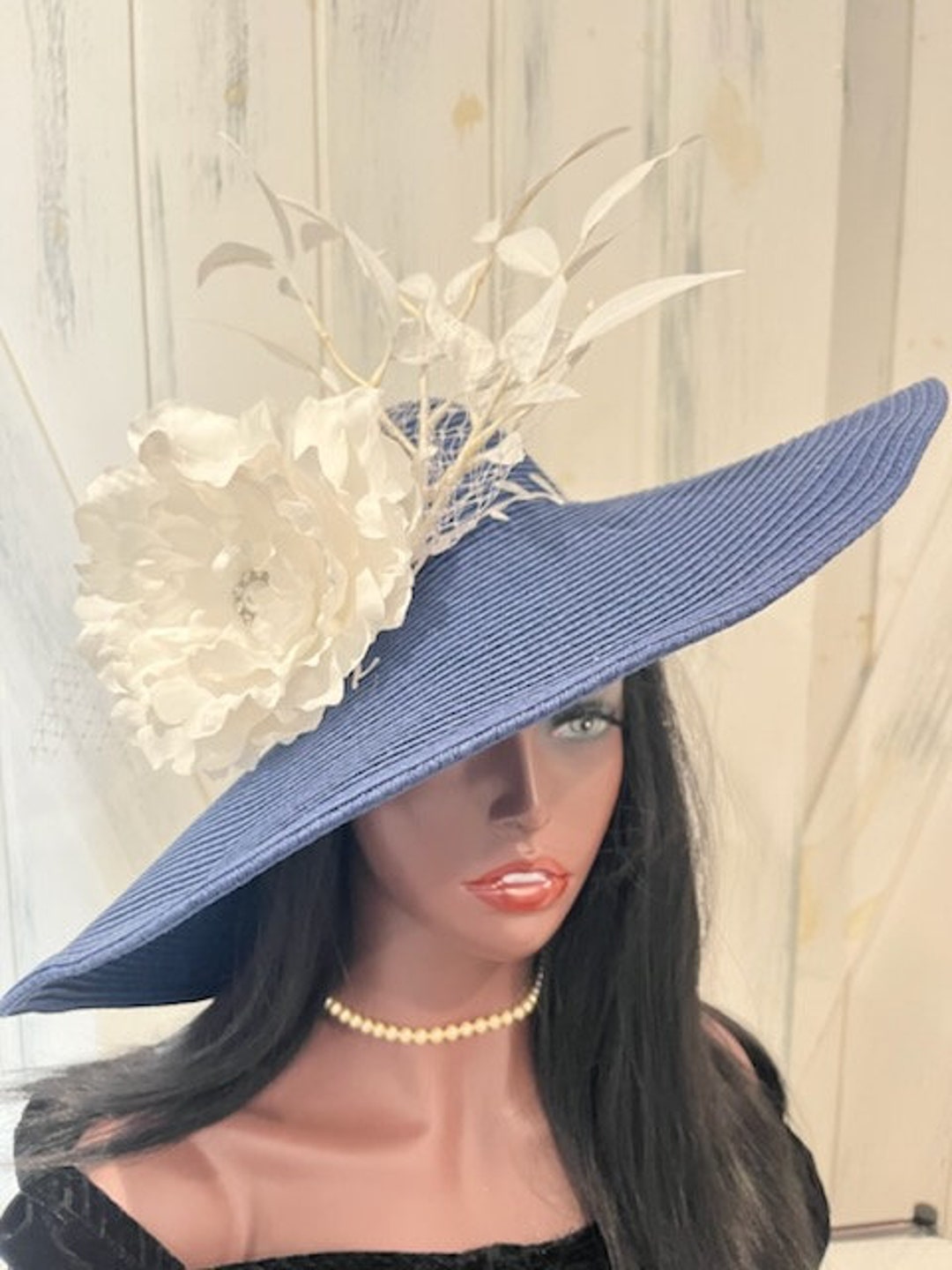 Navy Blue White Wide Brim Women's Wedding Bridal Hat, Navy Blue White ...