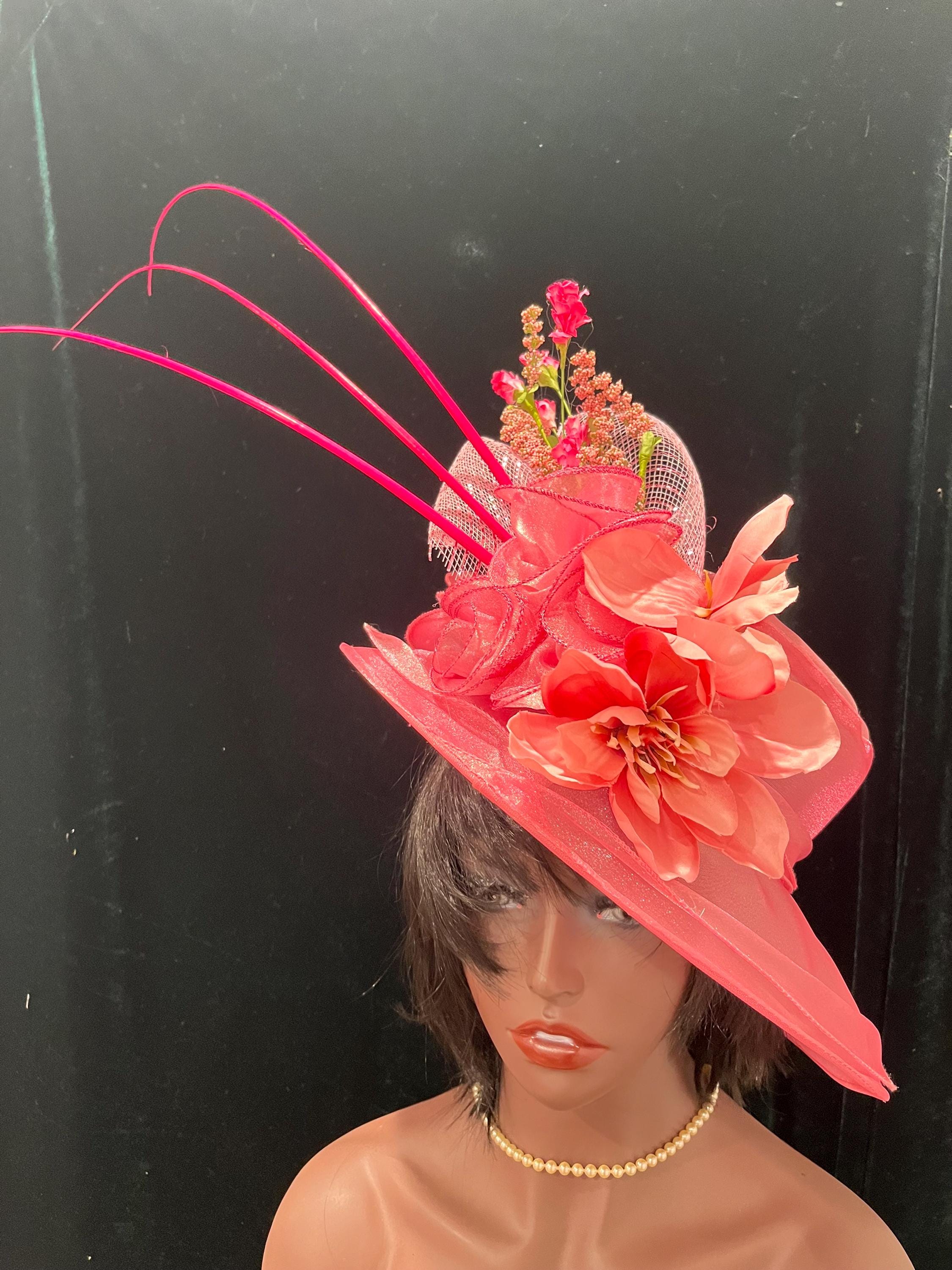 Rose Pink Church Hat: Ostrich Quills, Flowers, Small Brim - Etsy