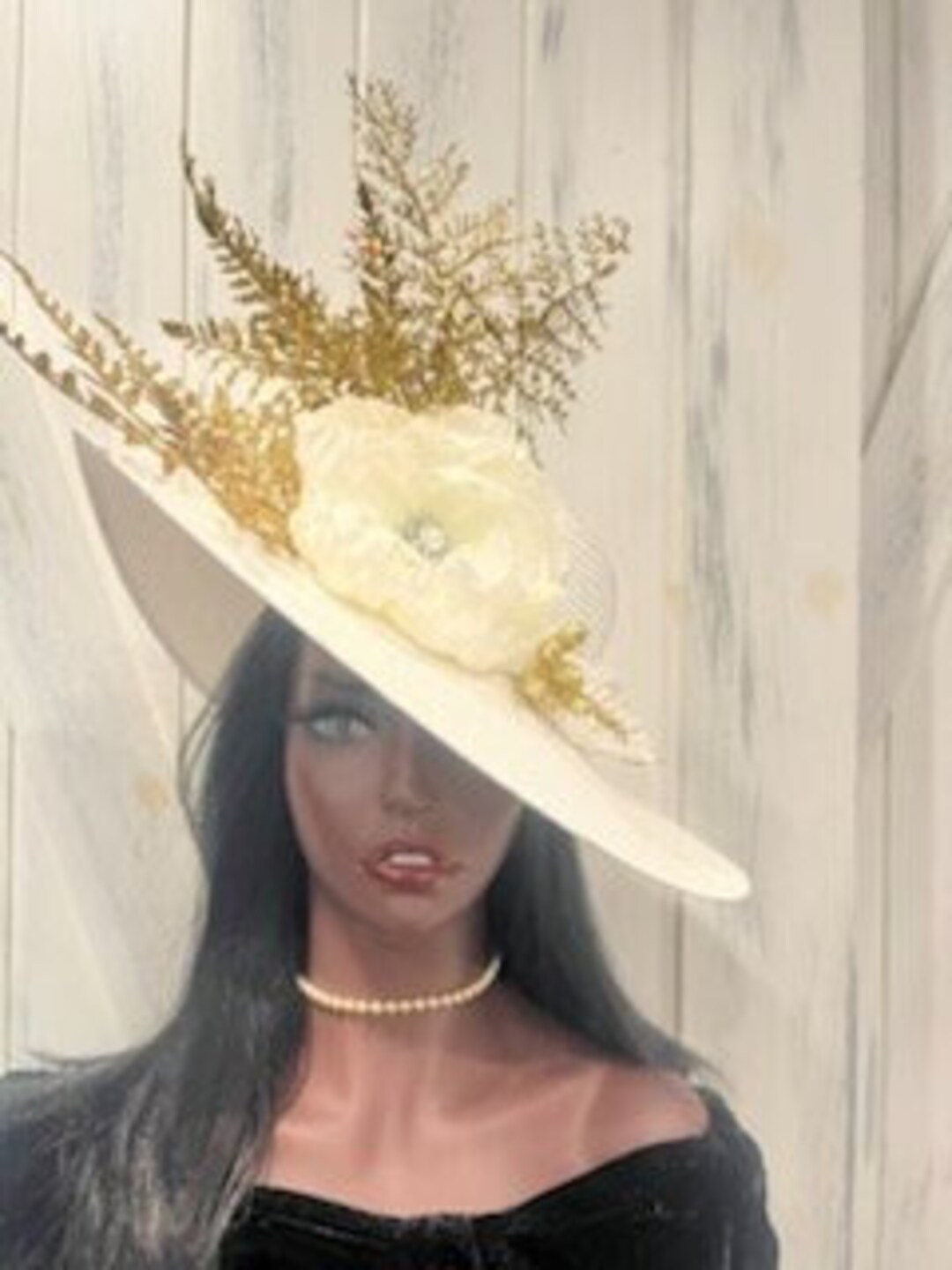 Big Gold White Wide Brim Wedding Church Hat, Jeweled Gold White Tea ...