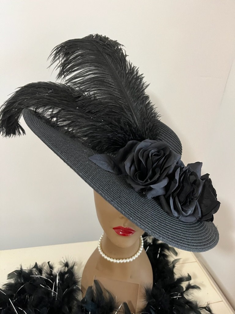 Black Wide Brim Hat With Ostrich Feathers, Victorian Mourning Hat ...