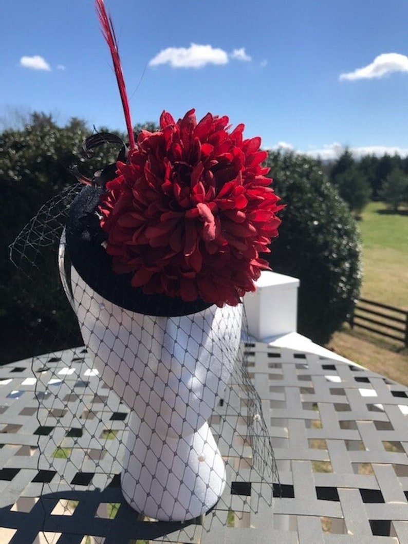 Veiled Black Red Fancy Church Fascinator, Mini Hat Fascinator With Veil ...