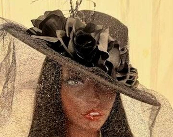 Black Veiled Mourning Funeral Hat Roses/ Black Derby Church Bridal ...