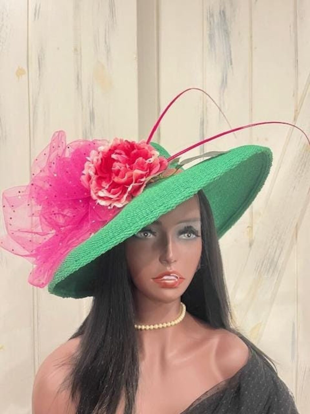 Fuchsia Pink Green Hepburn Church Derby Party Hat Ostrich Quills, Green ...