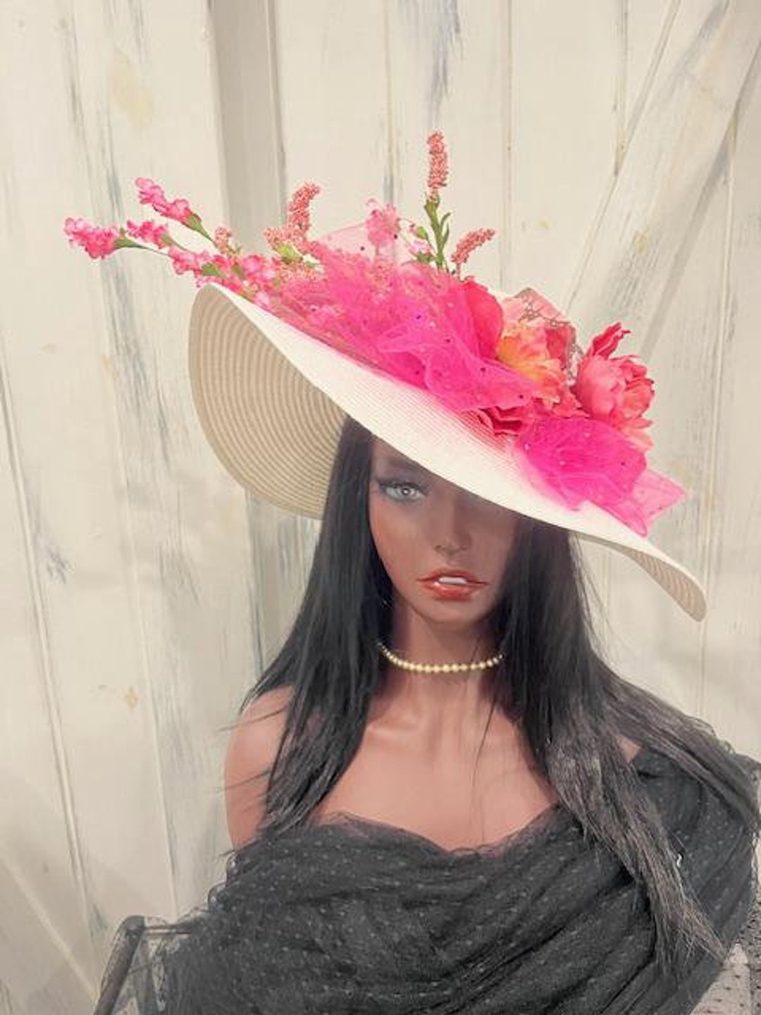 Light & Dark Pink Wide Brim Derby Church Hat, Pink and White Bridal ...