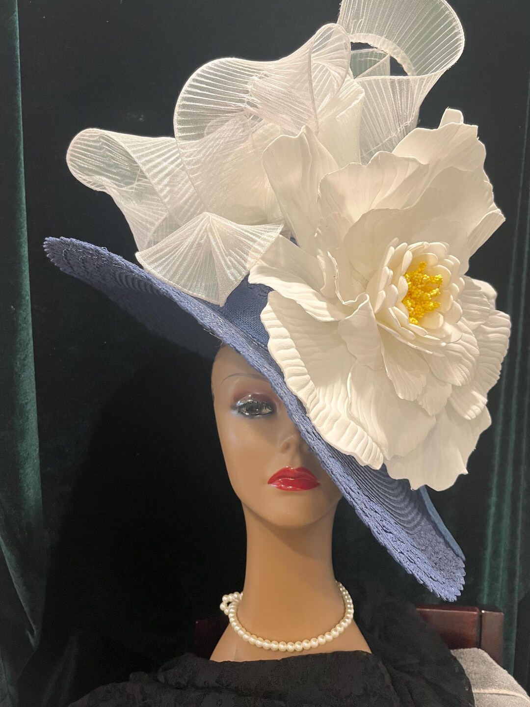 Navy Blue Wide Brim Derby Hat: Giant White Flower & Huge Tulle Bow for ...
