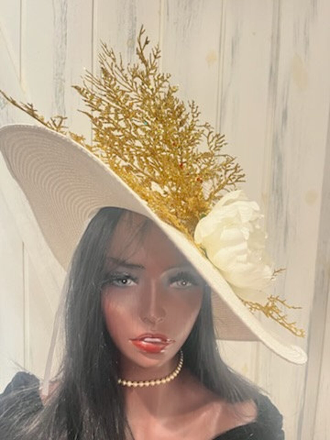 Big Gold White Jeweled Floral Wide Brim Derby Church Hat, White Gold ...