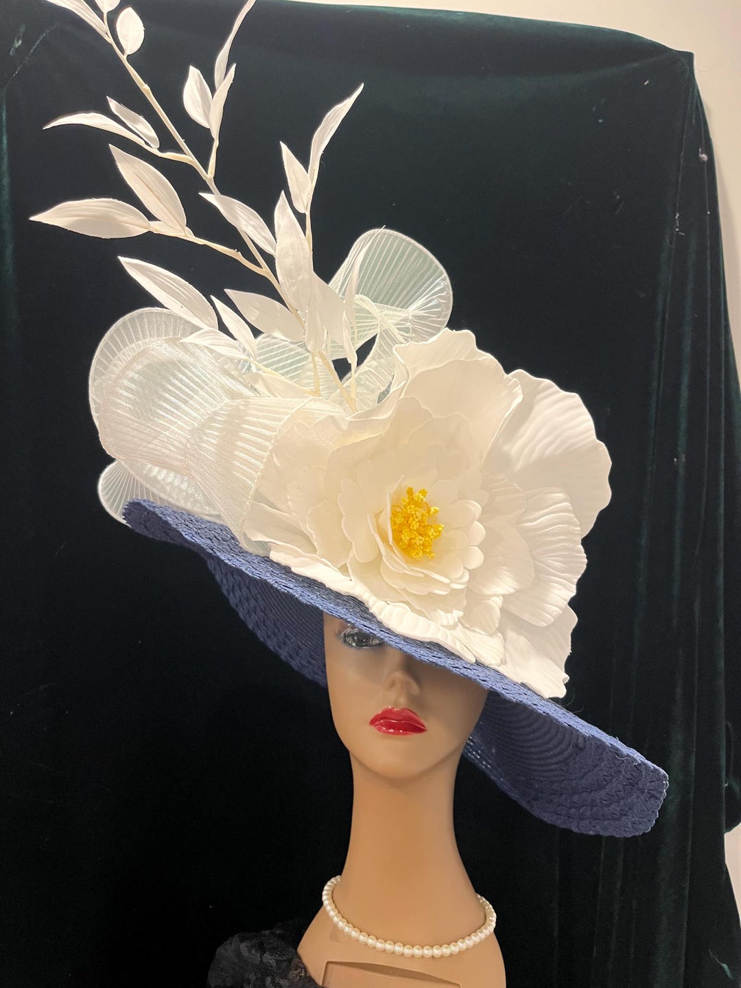 Navy Blue, White Derby Hat: Giant Flower, Wide Brim & Huge Tulle Bow ...