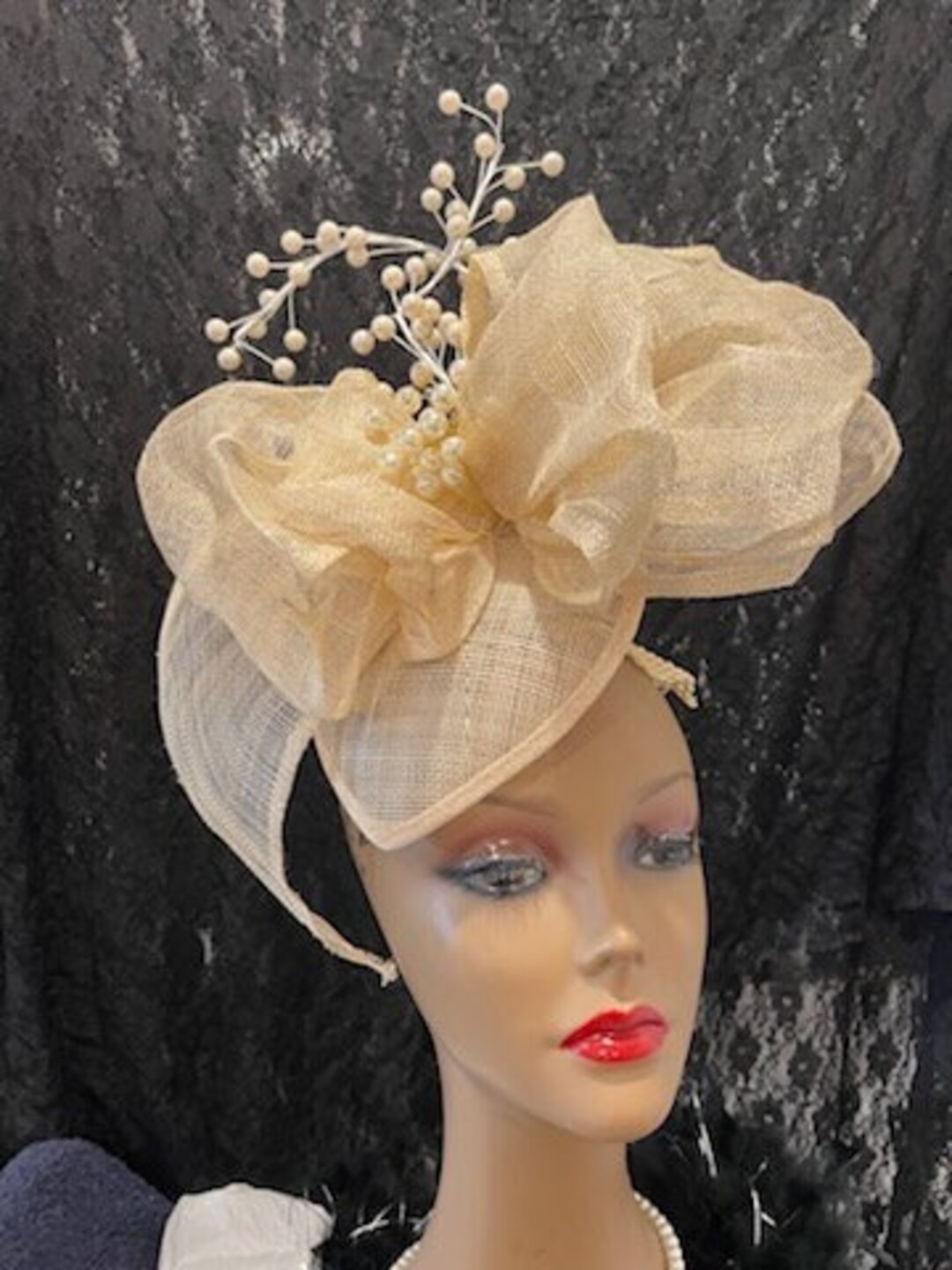 Big Beige Derby Fascinator Hat, Ivory Church Fascinator Hat Pearls ...