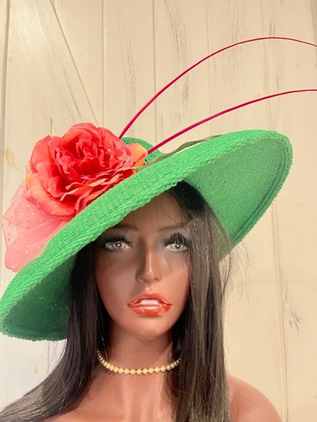 Green Fuchsia Pink Fancy Church Hat Ostrich Quills, Emerald Green ...