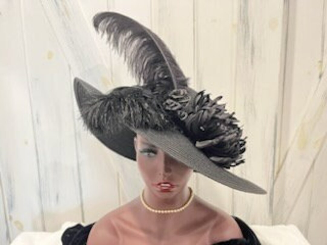 Black Wide Brim Victorian Tilt Funeral Mourning Hat, Edwardian Gothic ...