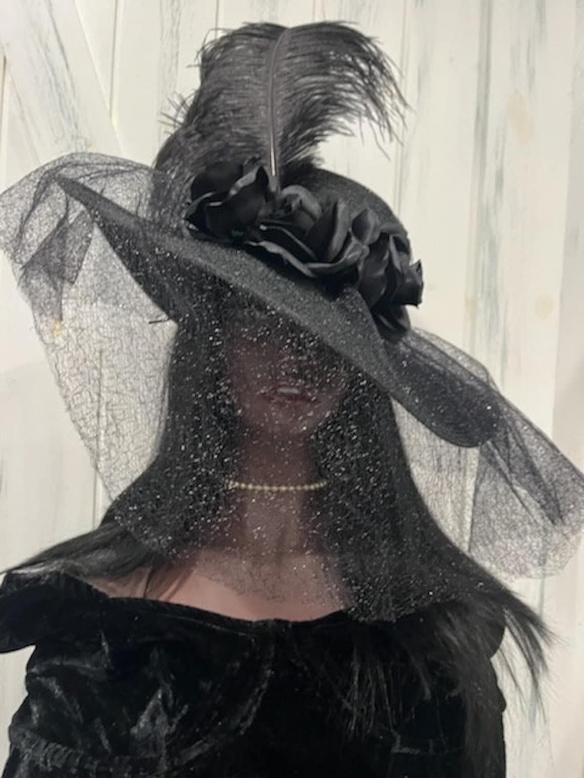 Big Black Veiled Wide Brim Kentucky Derby Hat Roses Feathers, Victorian ...